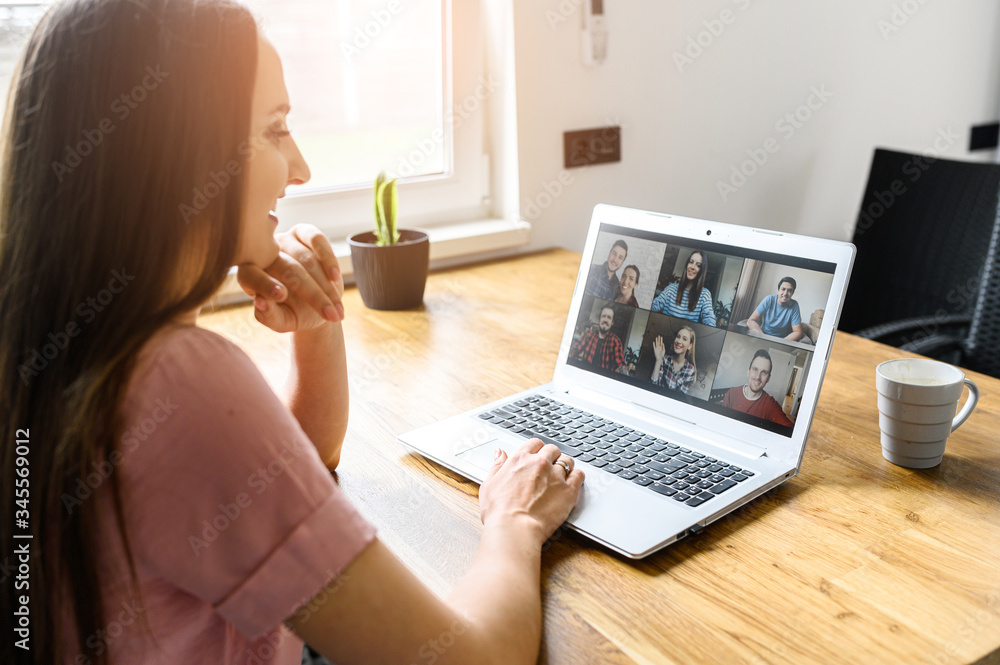 Communication on distance via video, video call, zoom. A young ...
