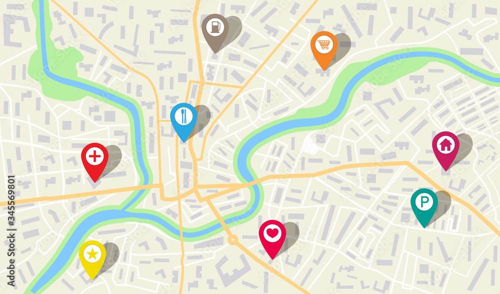 Map city with gps pins. Direction markers for navigation. Street, road ...