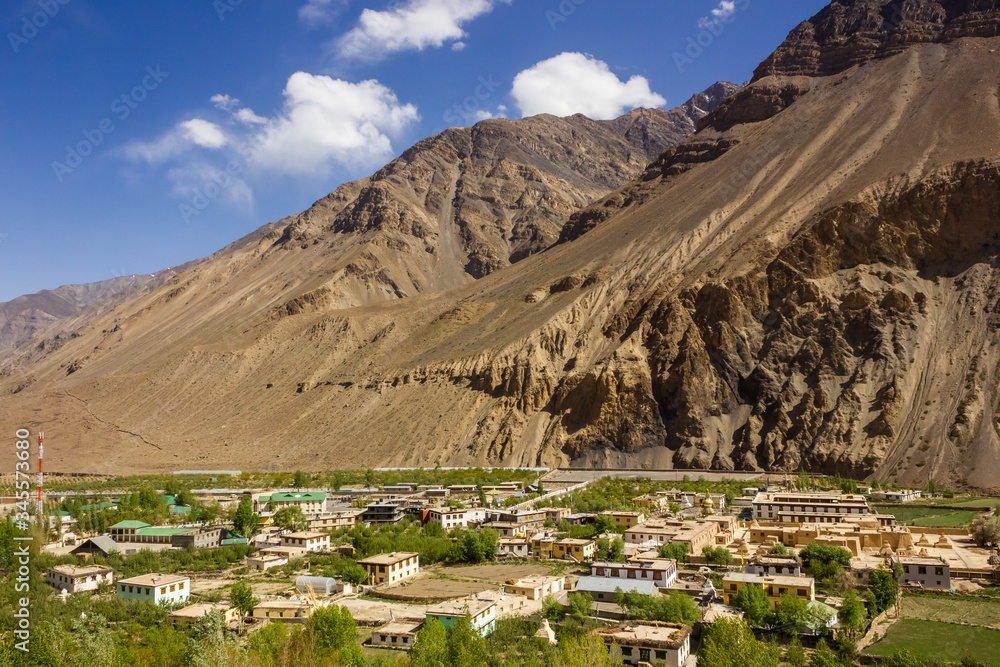 An aerial view of the cold desert setting of the Himalayan village of ...