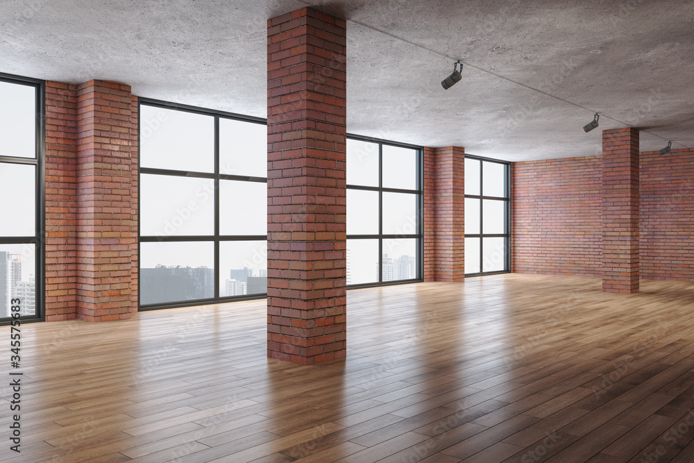 Contemporary red brick room with column and panoramic city view. Stock ...