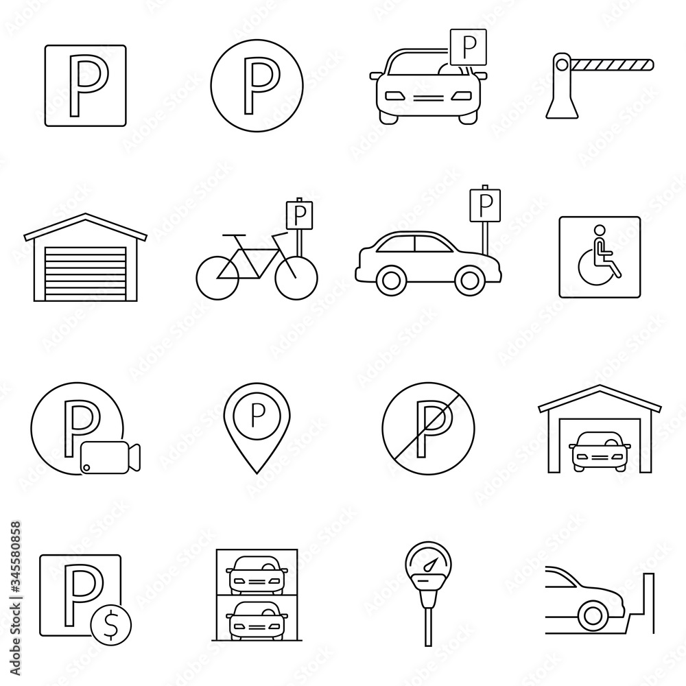 Parking icons. Car garage and parking line vector symbols. Zone place ...