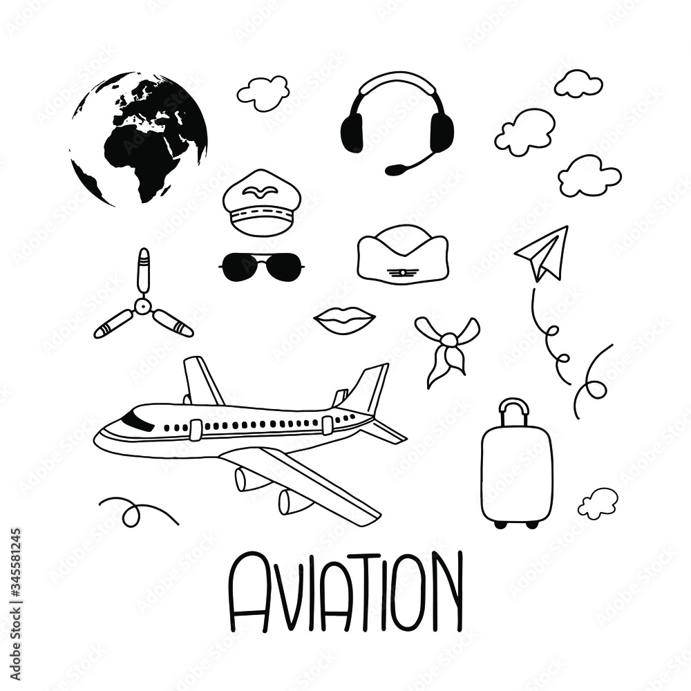 Aviation icons with lettering. Hand draw vector line illustration. The ...