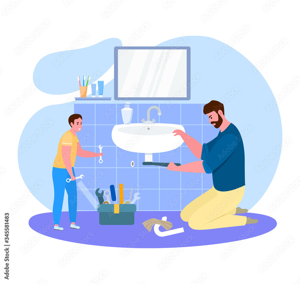 Father time with son vector illustration. Cartoon flat dad handyman ...