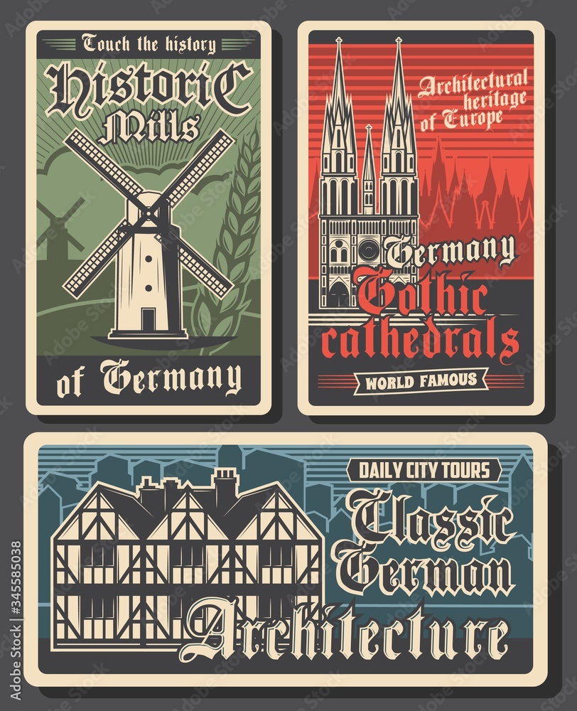 Germany travel retro posters, German landmarks and Berlin city ...