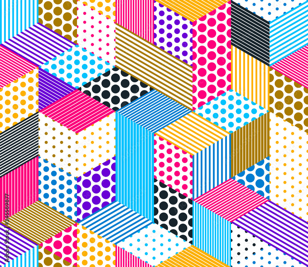 Dotted geometric 3D seamless pattern with cubes, dotty and lined boxes ...