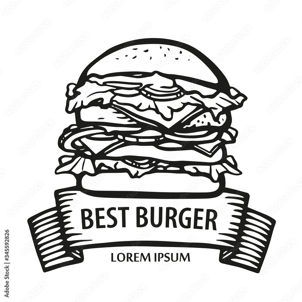 Big burger logo with ribbon. Hand-drawn burger hot dish. delicious ...