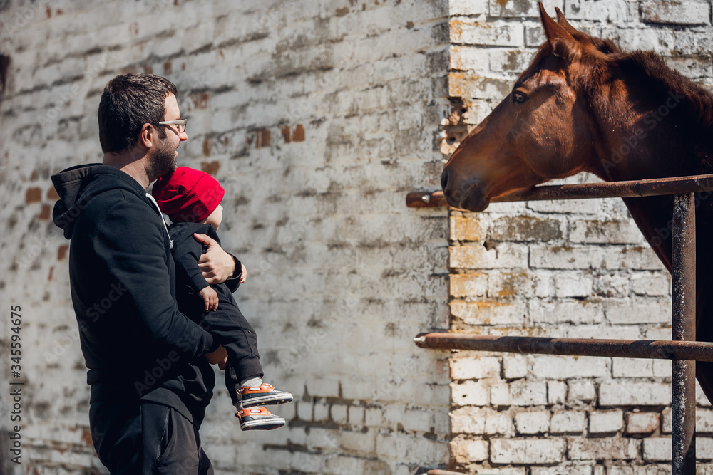 Family on a farm in summer. Father and baby son feed a horse. Outdoor ...