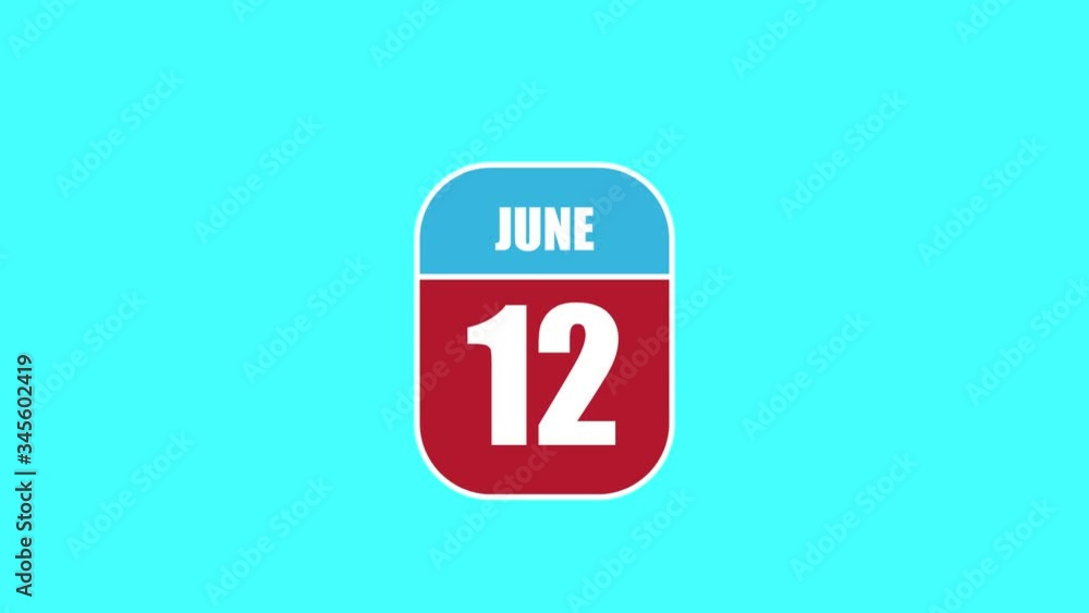 june 12th. Day 12 of month, 2D calendar animation. A calendar sheet is ...