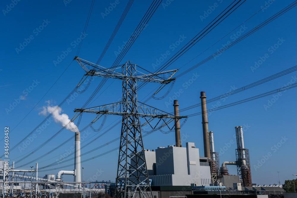 High-voltage power lines. Electricity distribution station. high ...