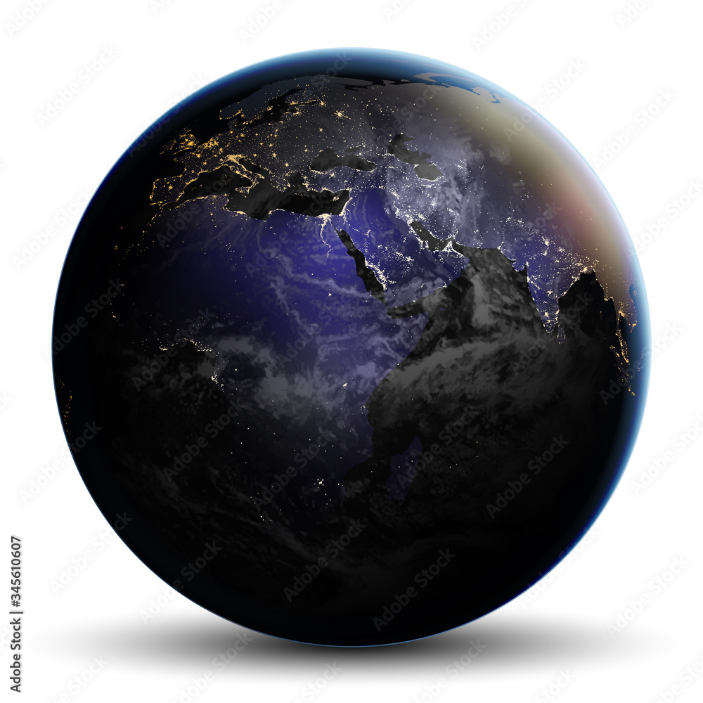 Planet earth at night. Dark sphere with city lights. Highly realistic ...
