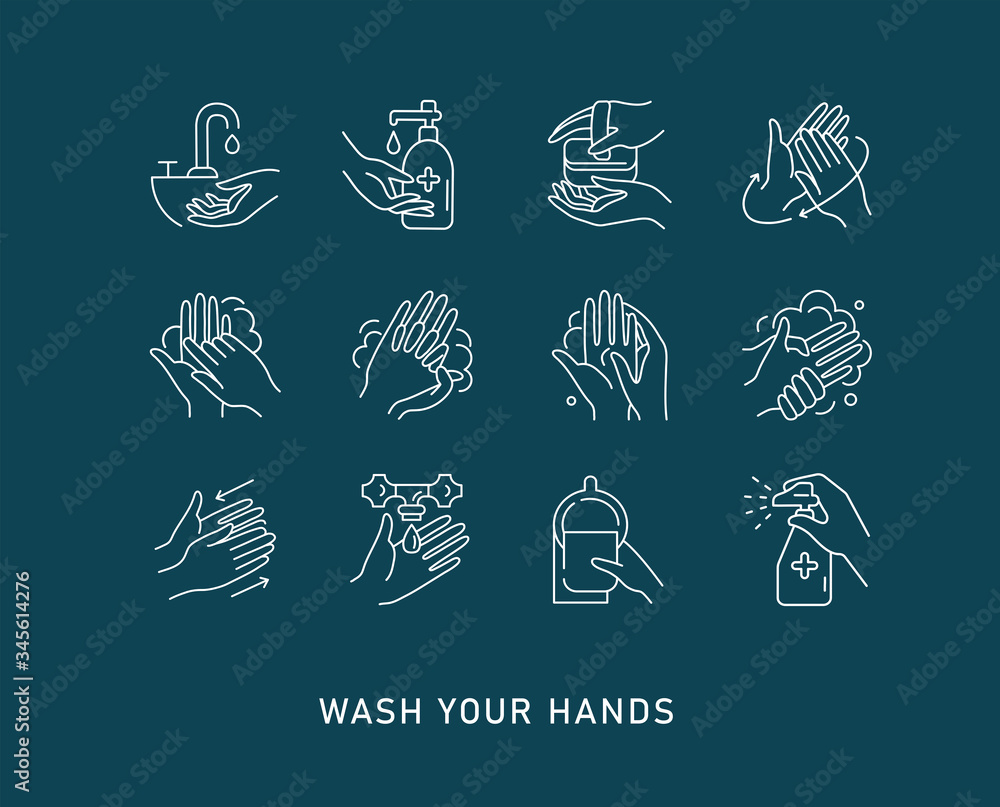 Hand hygiene line icon set. Simple Minimal Pictogram. Personal hygiene ...