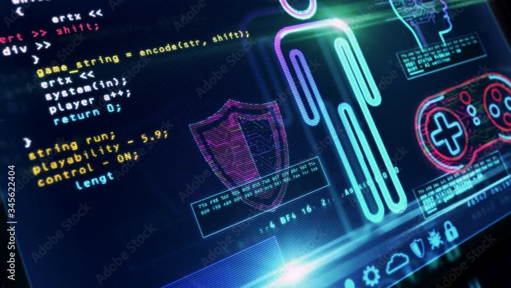 New game create and code on computer screen. Cyber video gaming ...