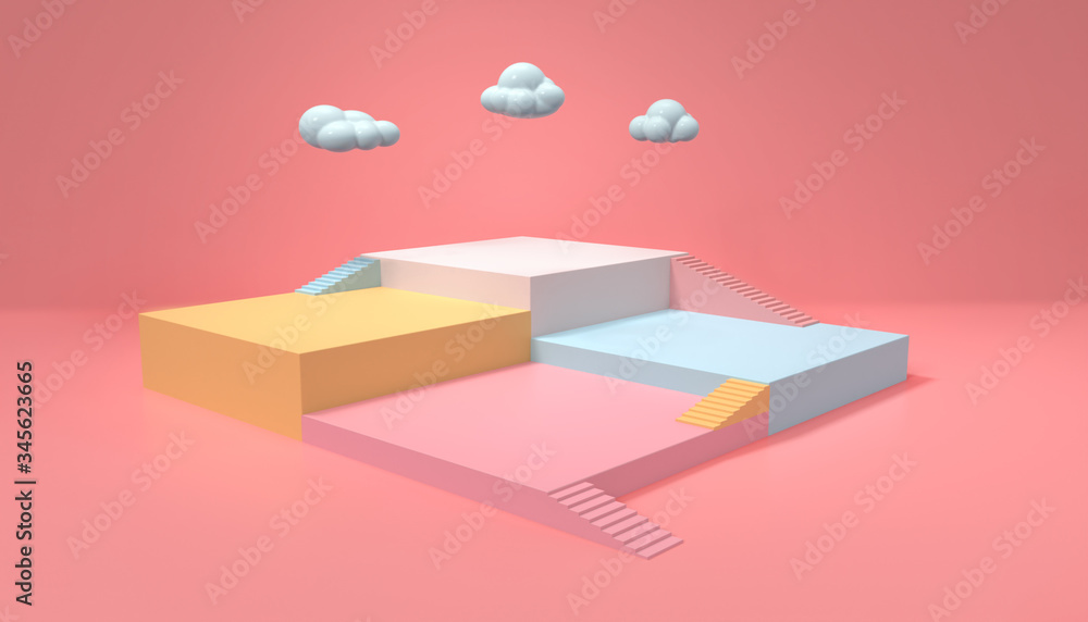 3D illustration podium in multiple cube with stair and cloud, abstract ...