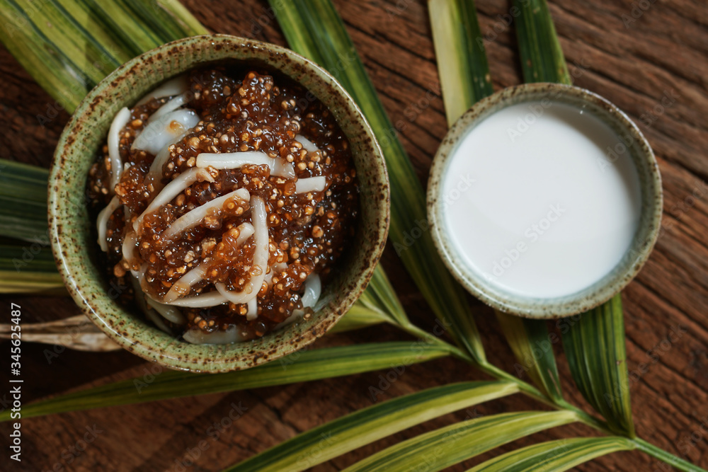 Tapioca pearls form sago tree. Still life photography of Thai dessert ...