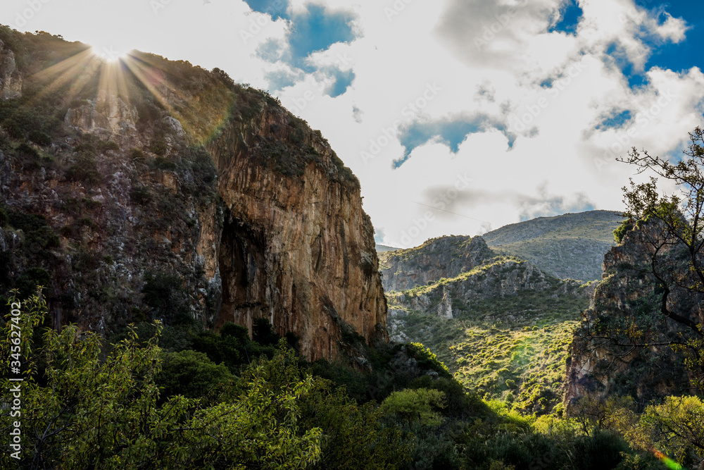 Mediterranean landscape of Sicily, Italy. Beautiful sun rays flare ...
