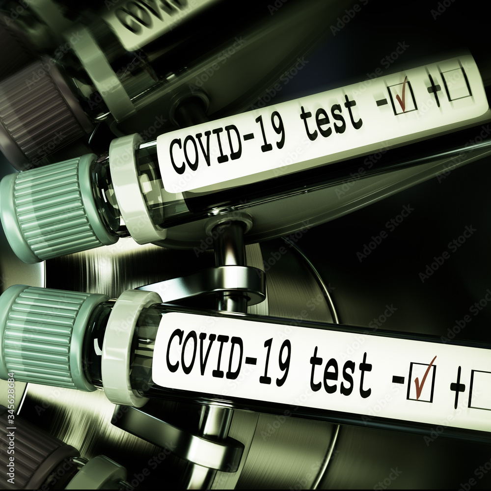 Tube of biological sample contaminated by Coronavirus with label Covid ...