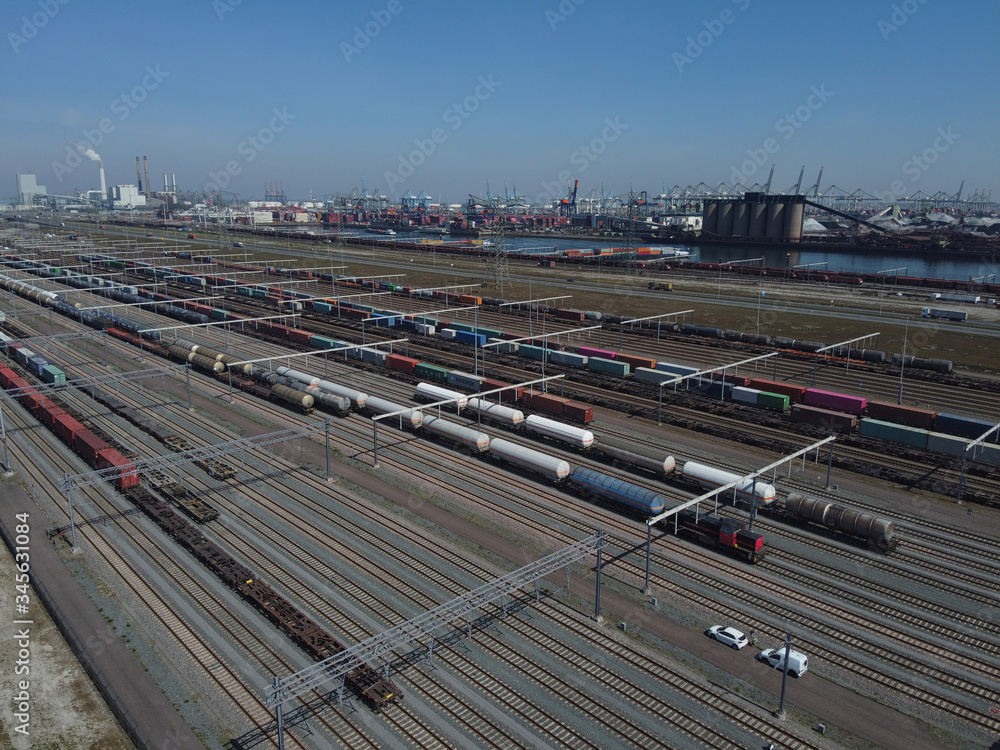 Aerial bird view photo of railroad container terminal with train loaded ...