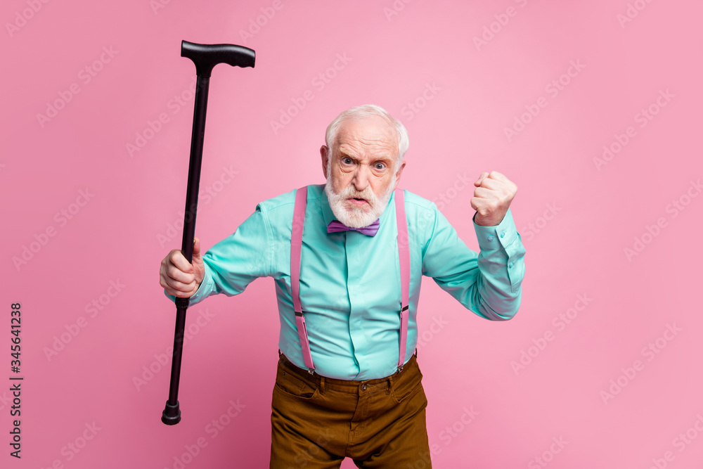 Shut up. Photo of aggressive aged man raise walking cane fist angry ...