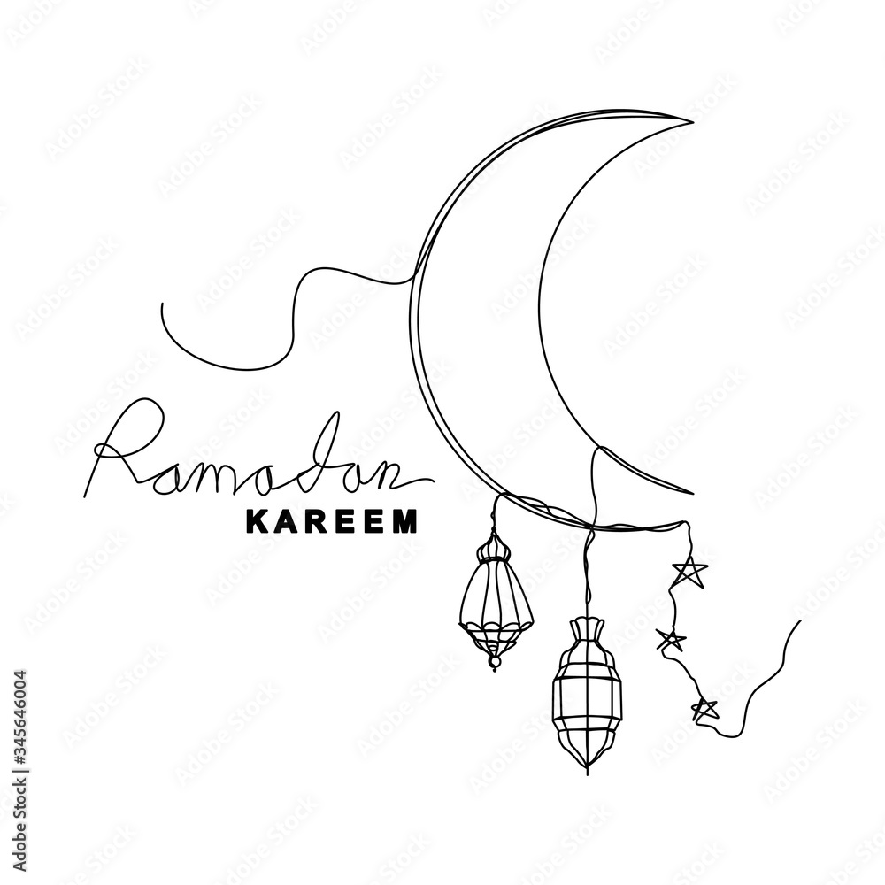 Continuous line drawing of islamic decoration with lanter, star, and ...