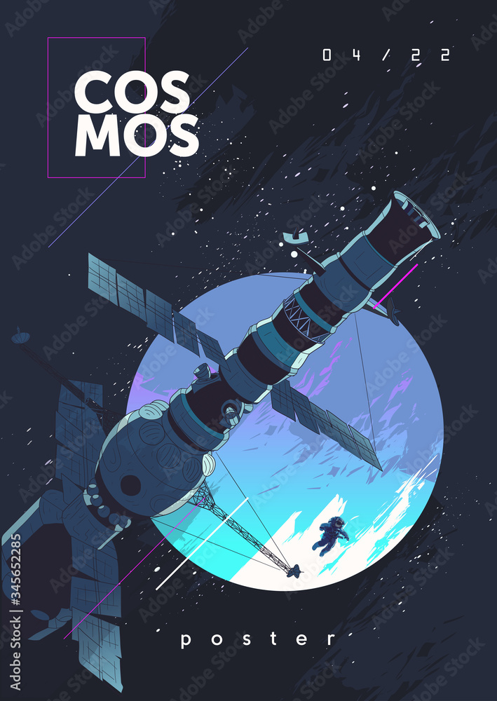 Vector illustration of space and planets. Space station and astronaut ...