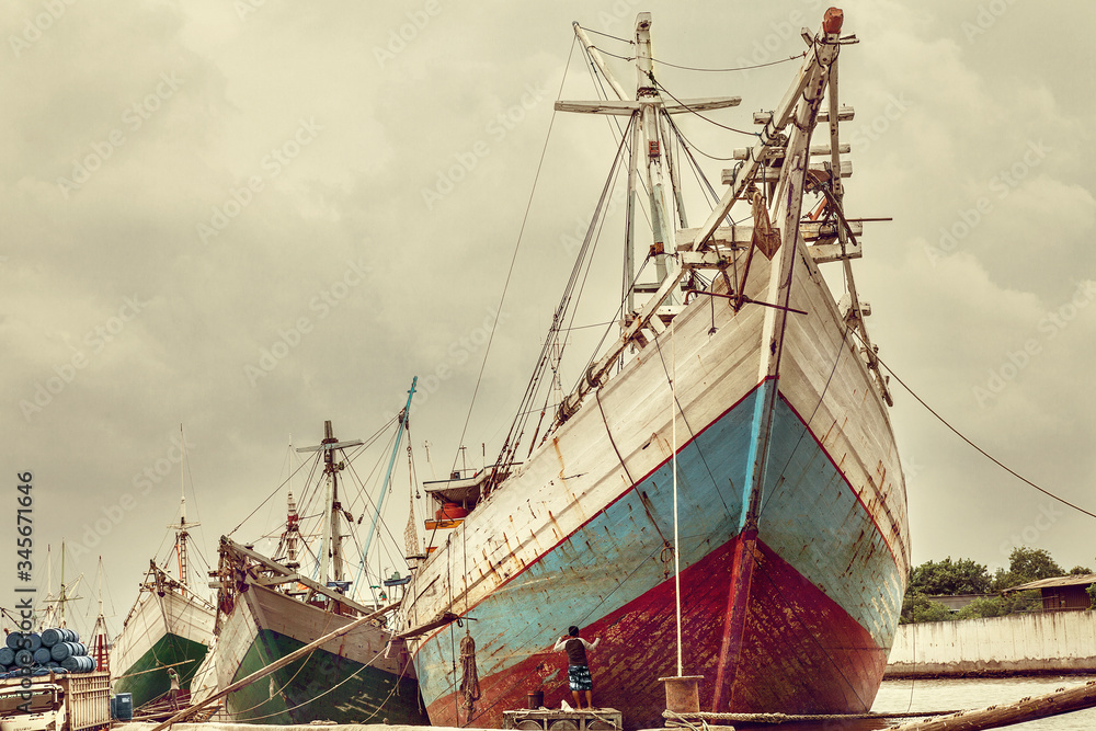 Group of big old ships in Sunda Kelapa old Harbour, Indonesia. Stock ...
