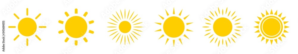 Sun icon set. Yellow sun star icons collection. Summer, sunlight ...