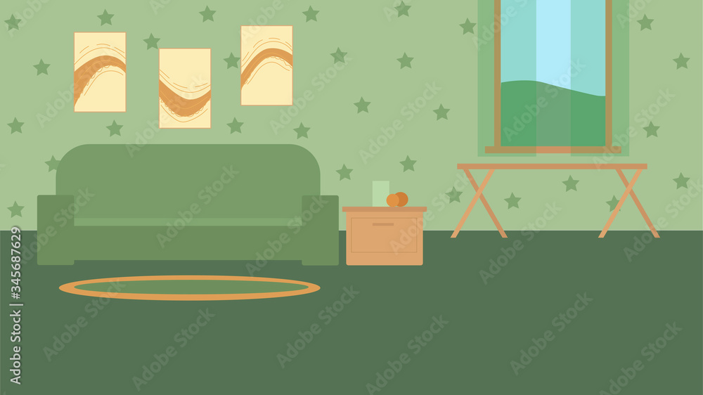 Cartoon interior of the room in green and beige colors at home. Living ...