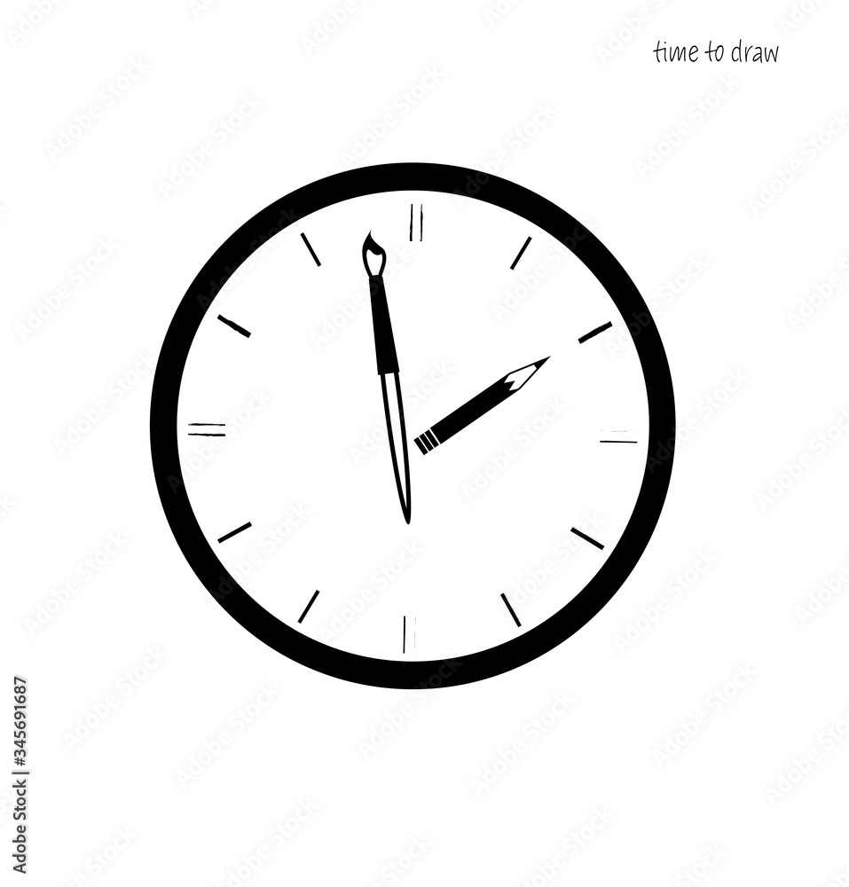 time to draw, clock drawing by brush and pencil, element for school ...