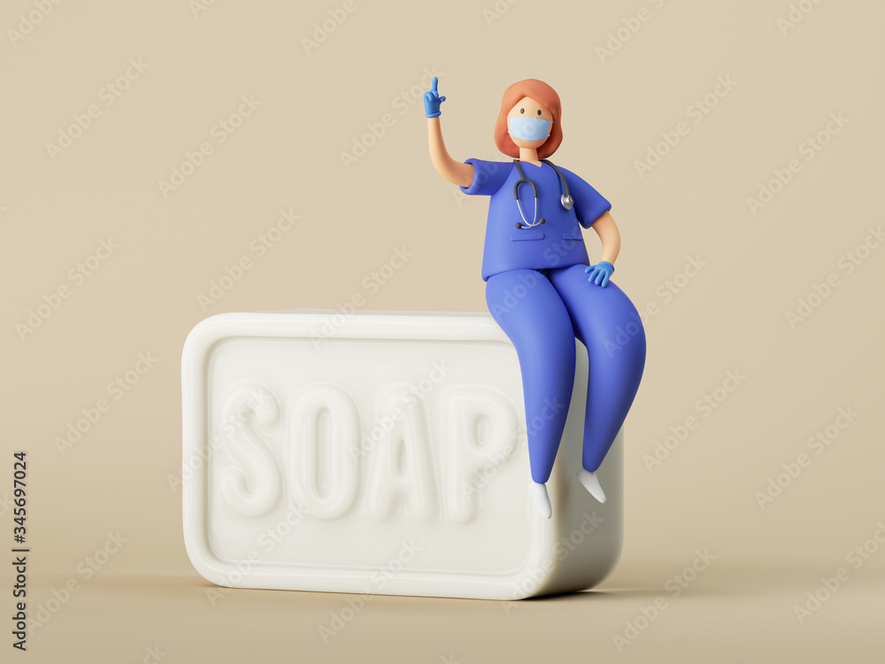 3d render, woman doctor cartoon character sitting on the big piece of ...