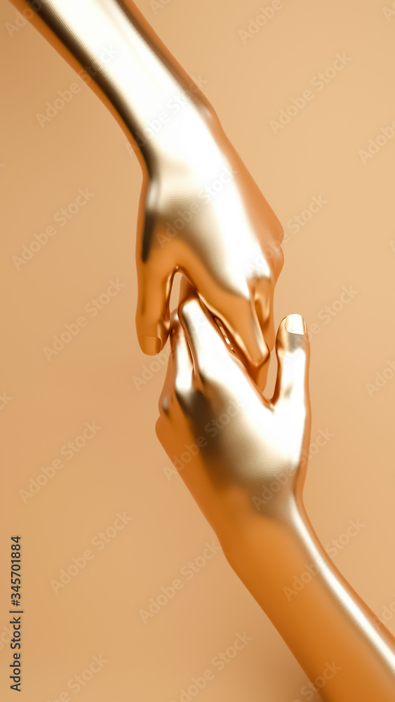Holding hands scene. Golden painted skin on pastel warm background ...