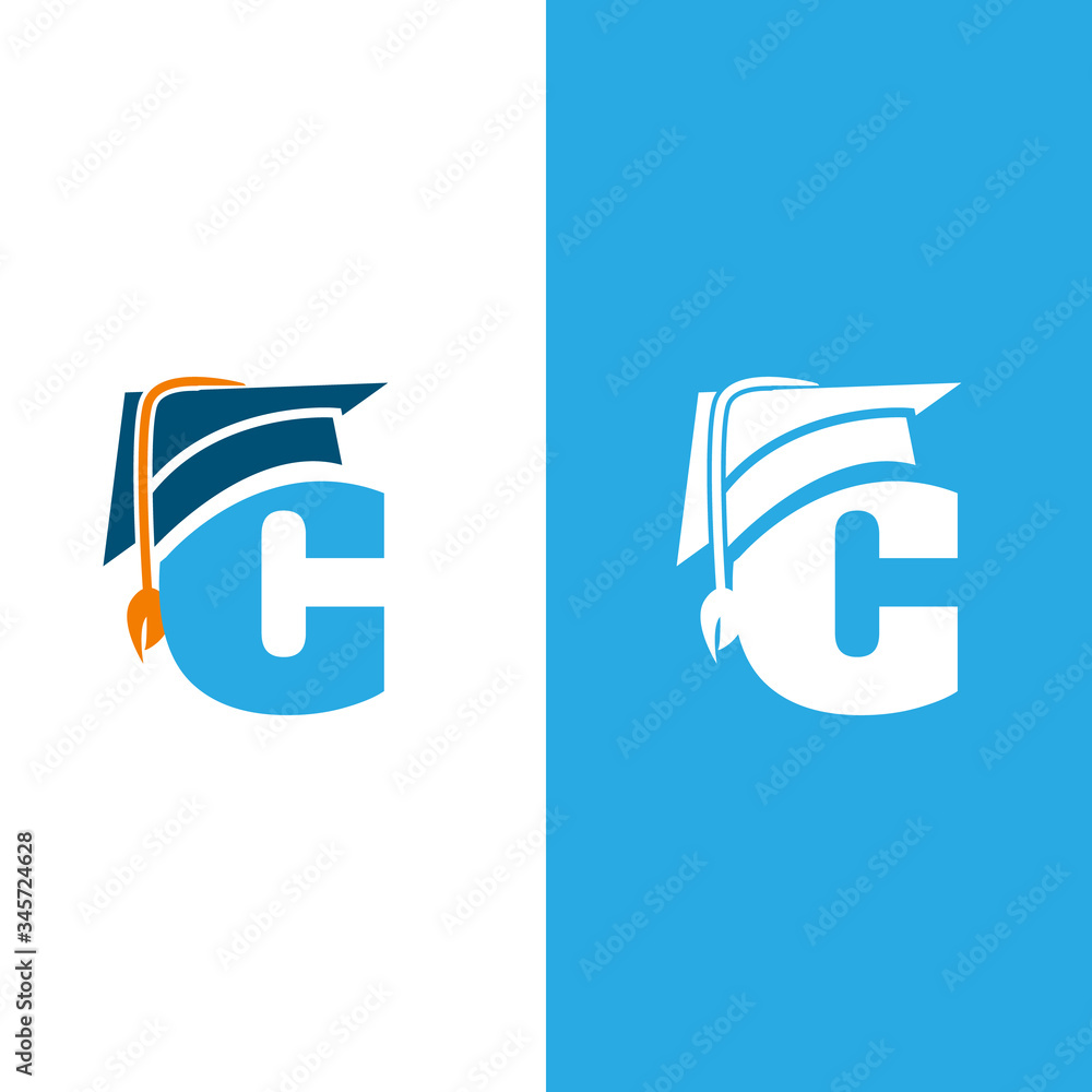 Initial letter C with graduation hat isolated white and blue background ...