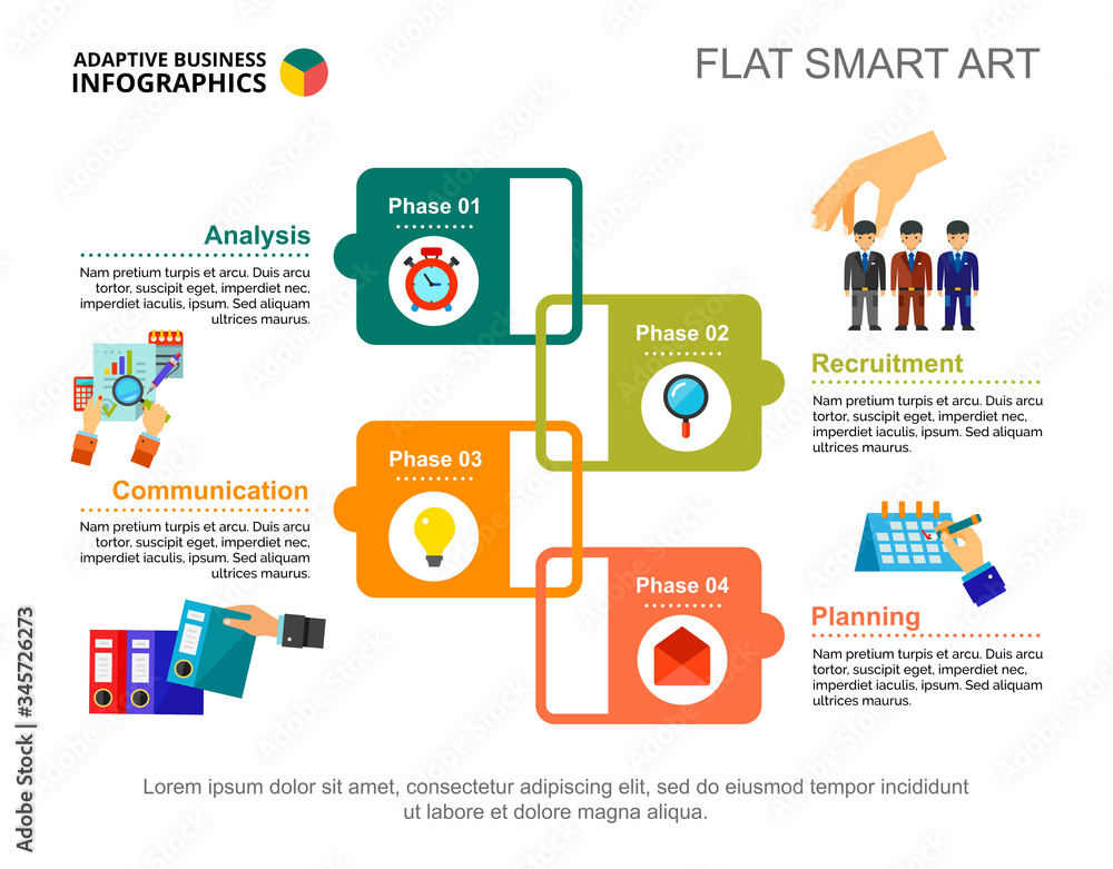 Four phases process chart slide template. Business data. Partnership ...