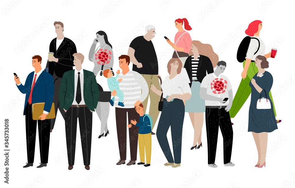 Infected people in crowd. Virus carriers, epidemic spreading across ...