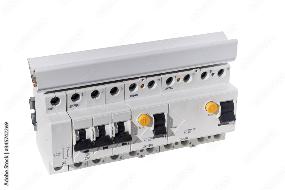 Modular electric circuit breaker, two-pole and three-pole safety trip ...