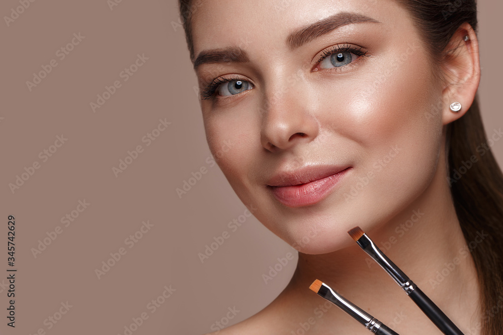 Beautiful Young Girl With Natural Nude Make Up With Cosmetic Tools In 6866