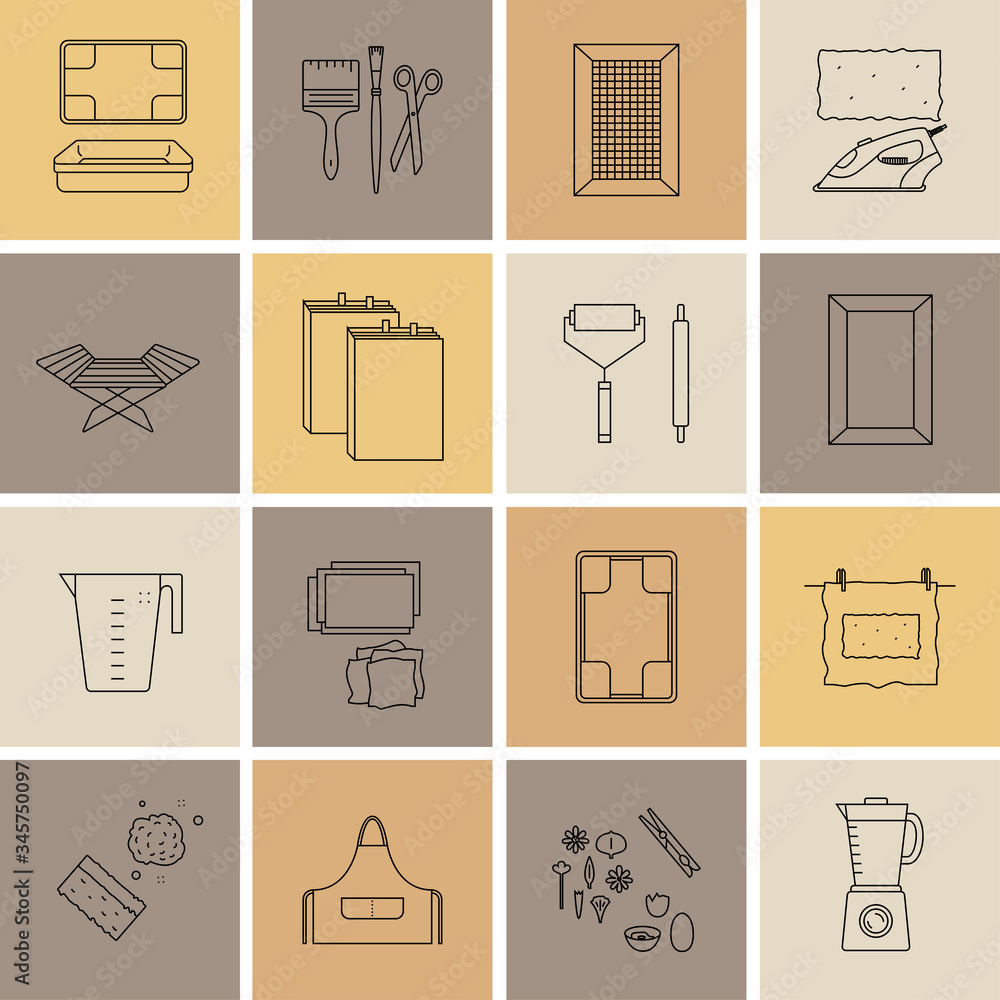 Vector illustration. Thin line icons of the items for hand papermaking ...