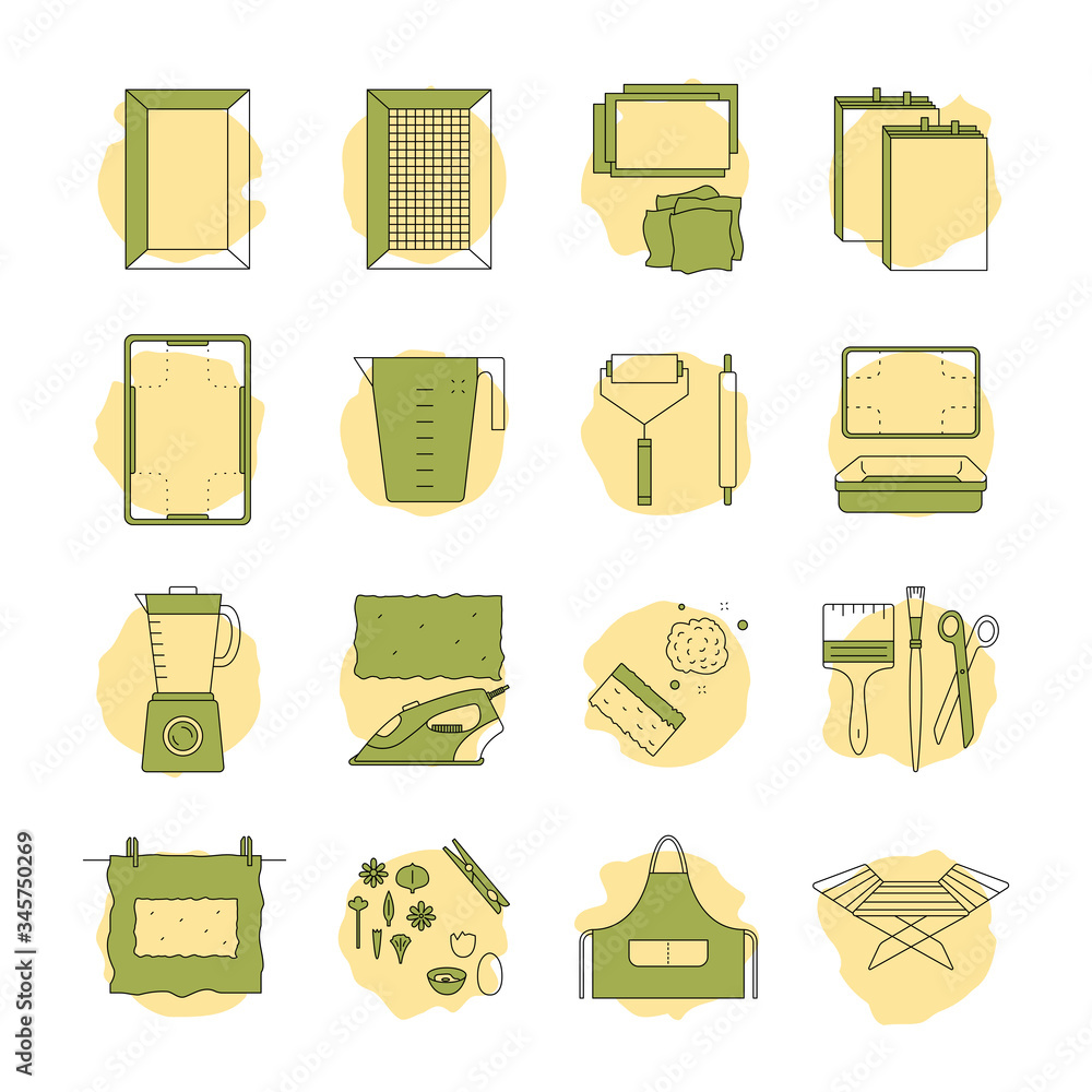 Vector illustration. Thin line icons of the items for hand papermaking ...