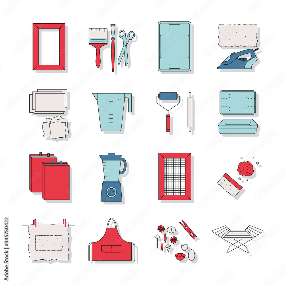 Vector illustration. Thin line icons of the items for hand papermaking ...