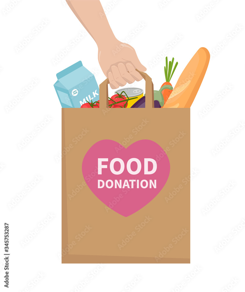 Food donation concept. Man's hand holds paper bag with food, vegetables ...