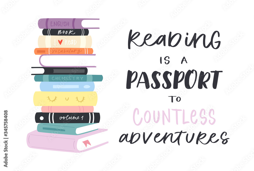 Cartoon hand drawn vector Illustration of books with calligraphy text ...