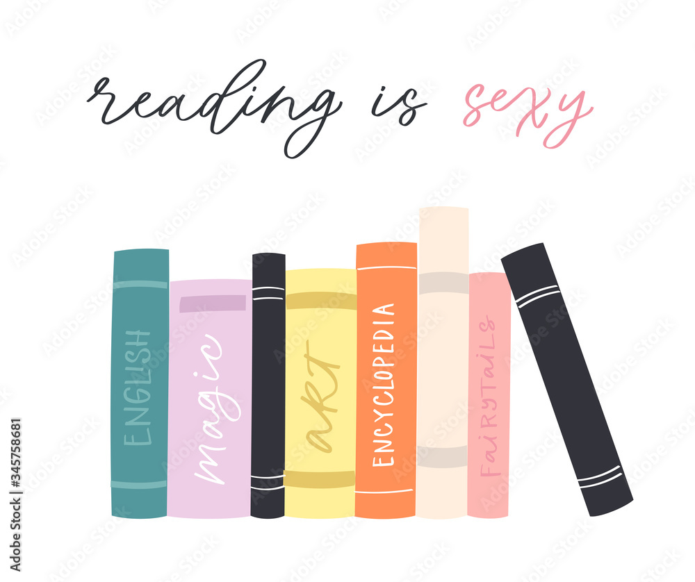 Cartoon hand drawn vector Illustration of books with calligraphy text ...