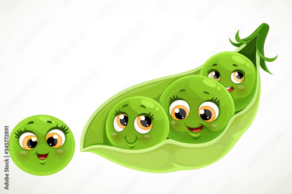 Cute little cartoon emoji green peas in a pod isolated on white ...