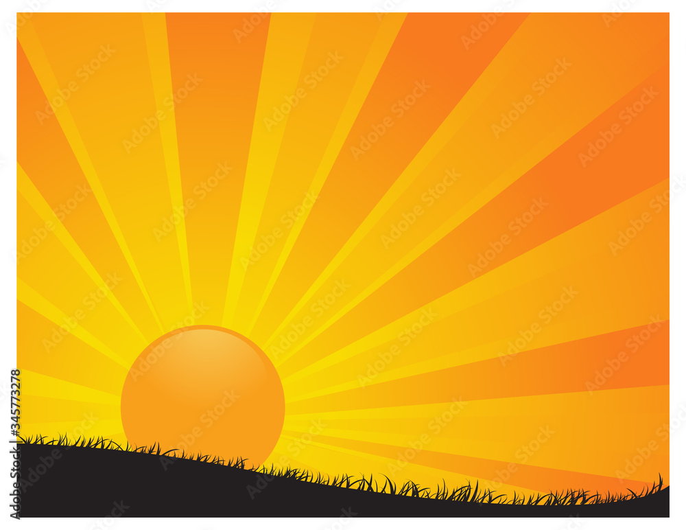 A vector illustration of a bright round sun rising over a black ...