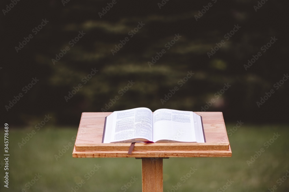 Podium tribune with the bible on it in a park and the bright sunlight ...