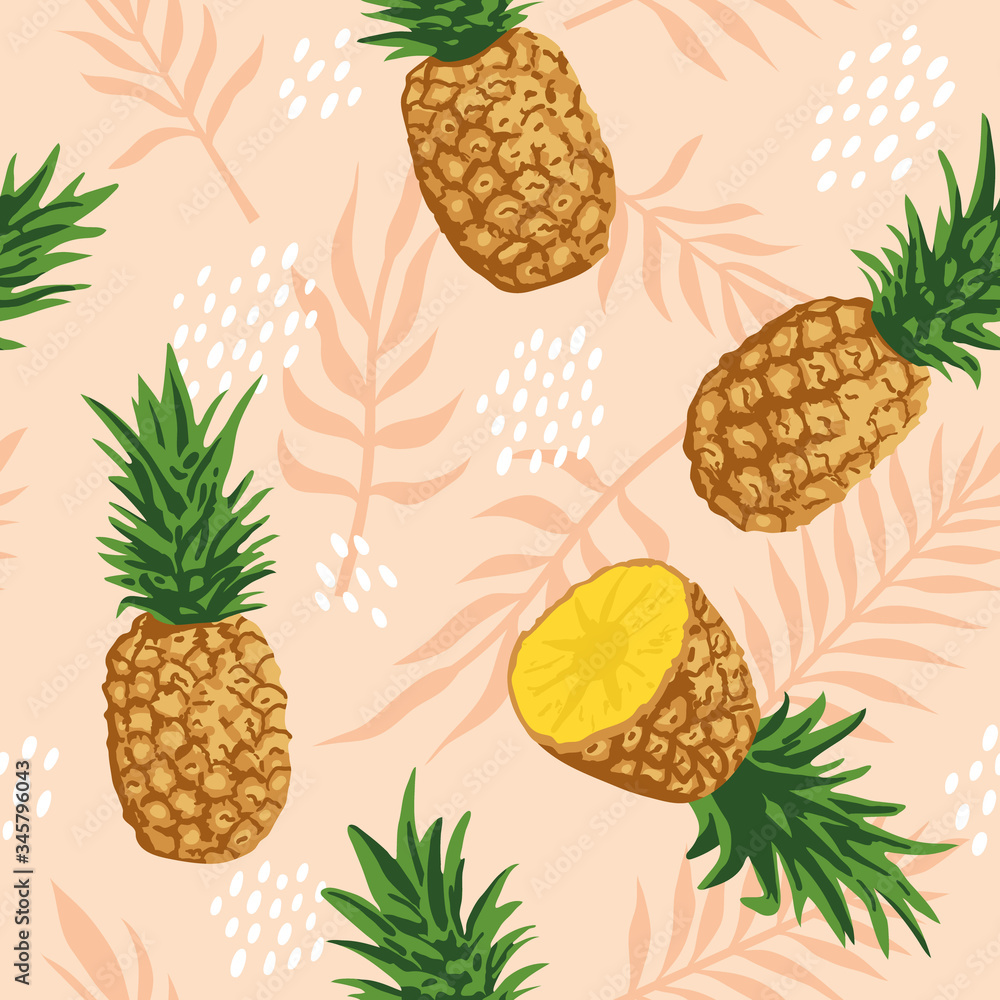 Vector summer pattern with pineapples and tropical leaves. Seamless texture design. Stock Vector ...