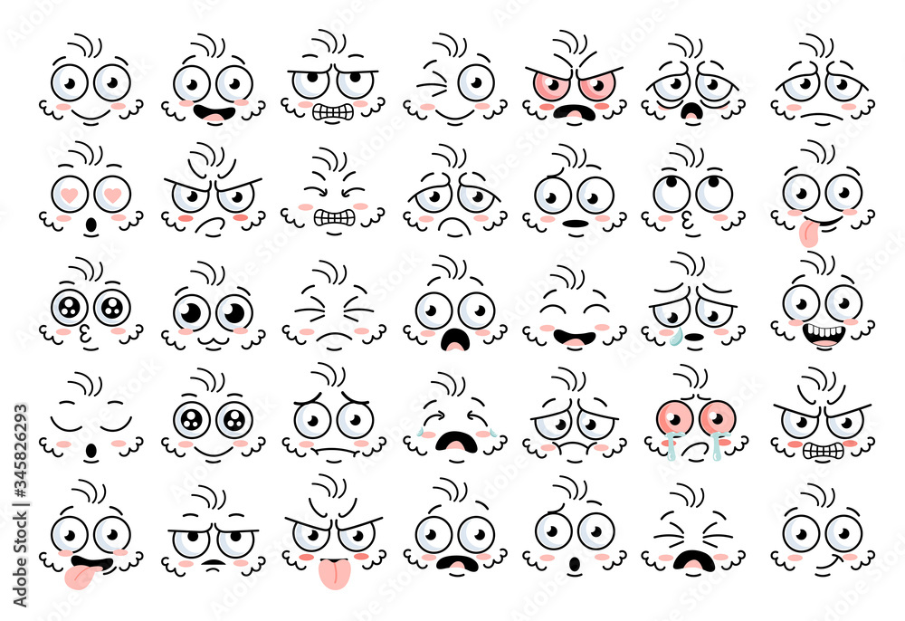 Cartoon face eye. Funny face parts with expressions emotion character ...