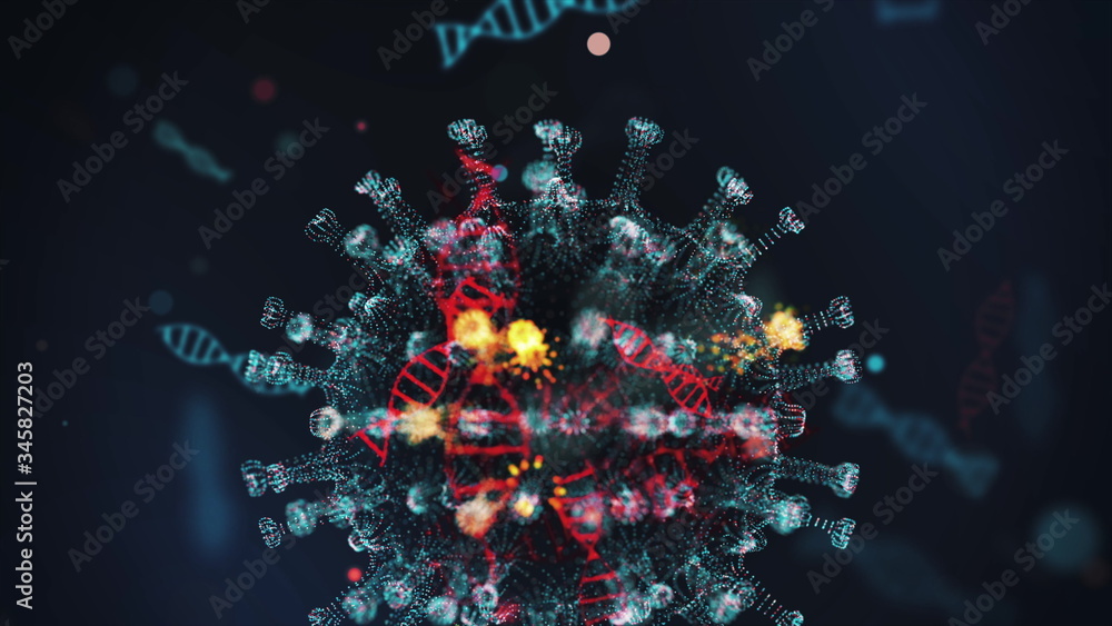 Digital model of coronavirus COVID-19 and dna strand shown as round ...