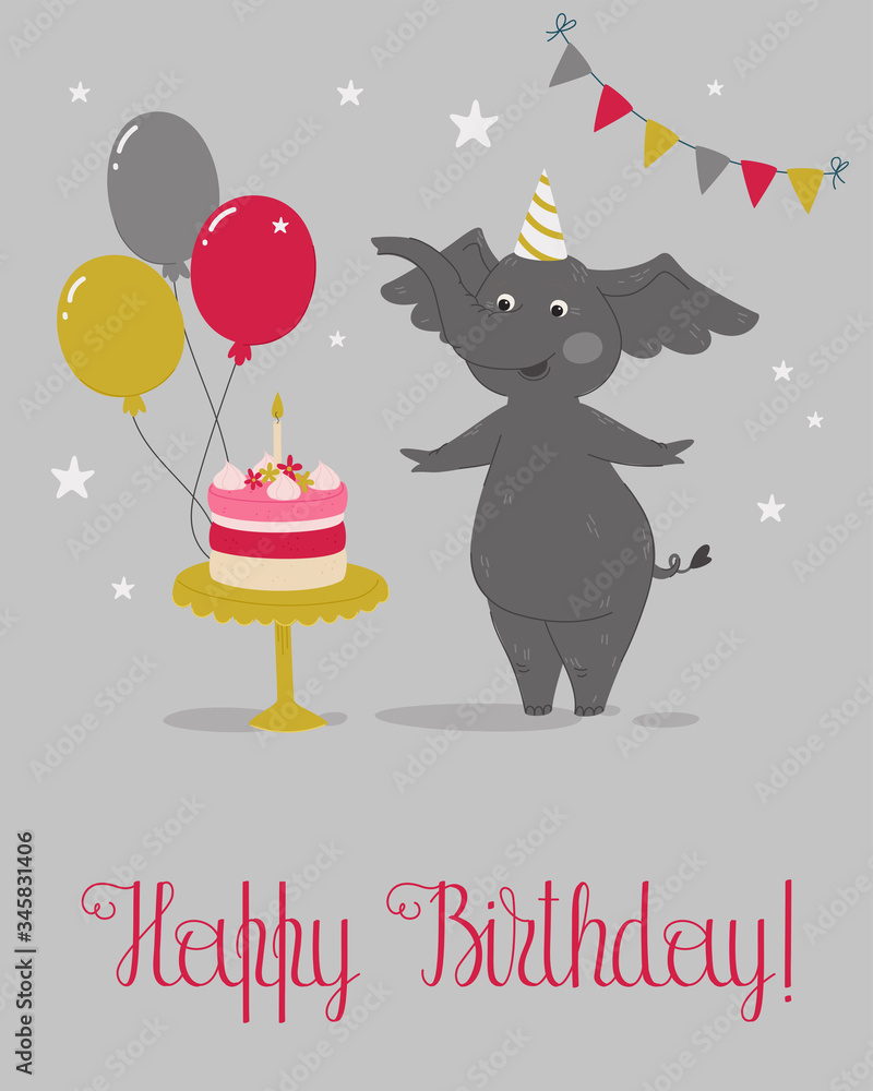 Happy birthday card template. Happy elephant in a birthday hat ...