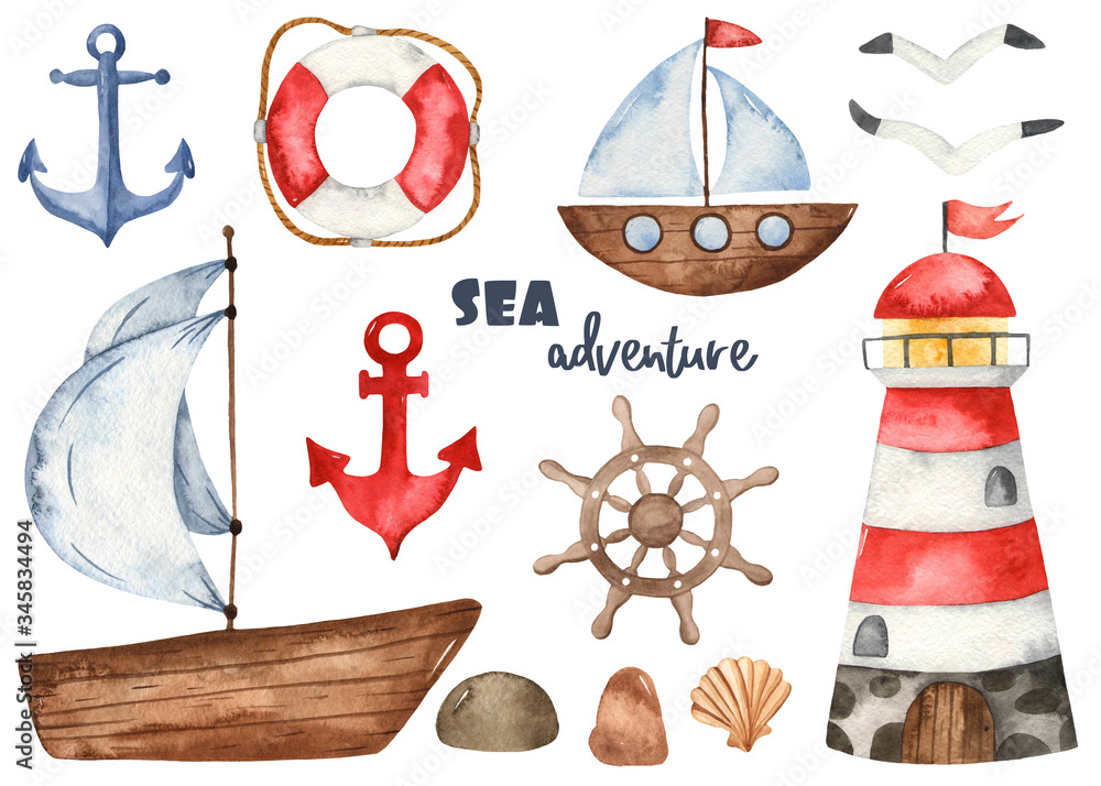 Nautical watercolor set with lighthouse, ship, anchor, helm, lifebuoy Stock Illustration | Adobe ...