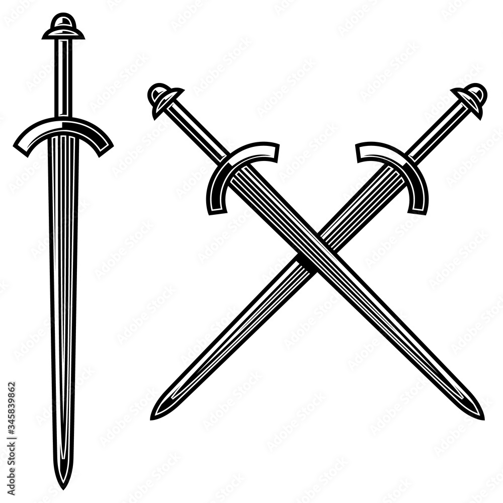Illustration of crossed knight swords in engraving style. Design ...